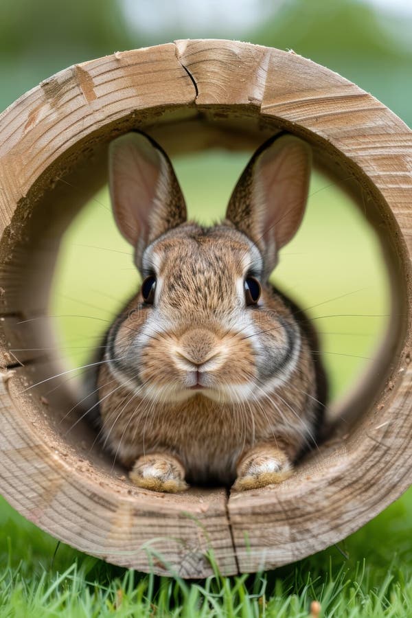 Curious Rabbit Peeking Out of Wooden Log Stock Illustration ...
