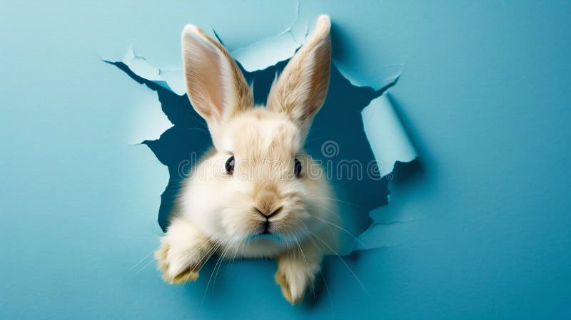 Curious Rabbit Peeking through a Torn Blue Paper Wall. Generative Ai ...