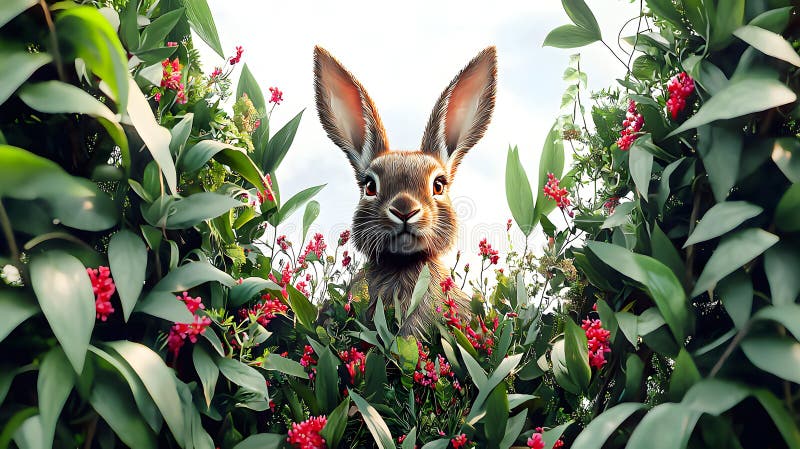 Curious Rabbit Peeking through Vibrant Foliage Stock Image - Image of ...