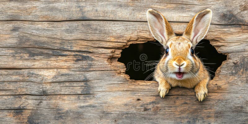 Curious Rabbit Peeking through a Wooden Hole in a Playful and Natural ...