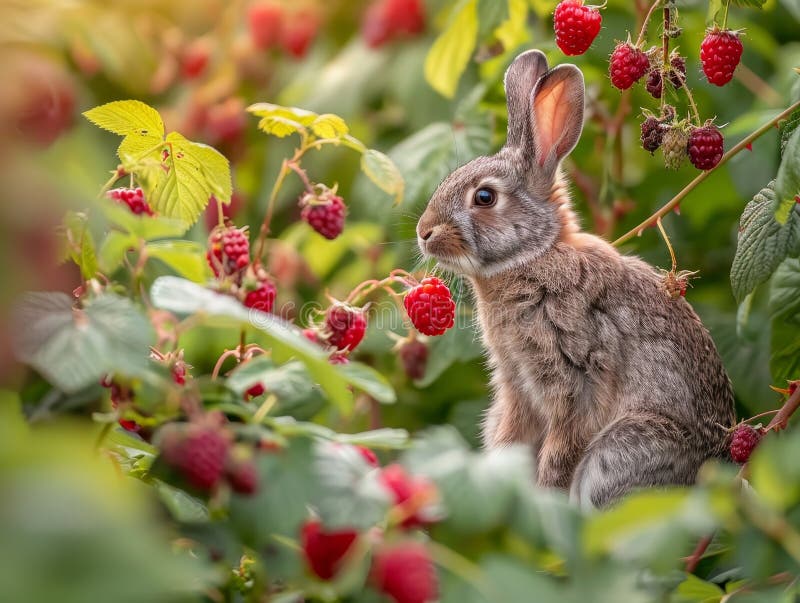 Curious Rabbit in Raspberry Bush Stock Illustration - Illustration of ...