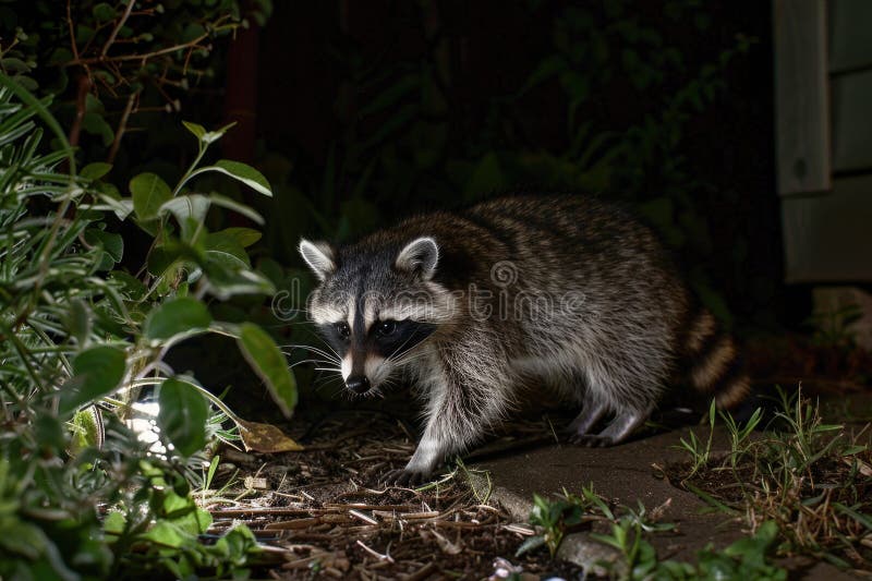 Curious Raccoon Exploring a Garden at Night AI Stock Image - Image of ...
