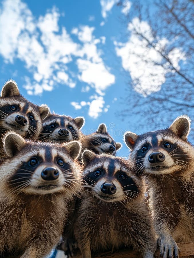 Curious Raccoon Group Gathering Under Clear Blue Sky Stock Image ...