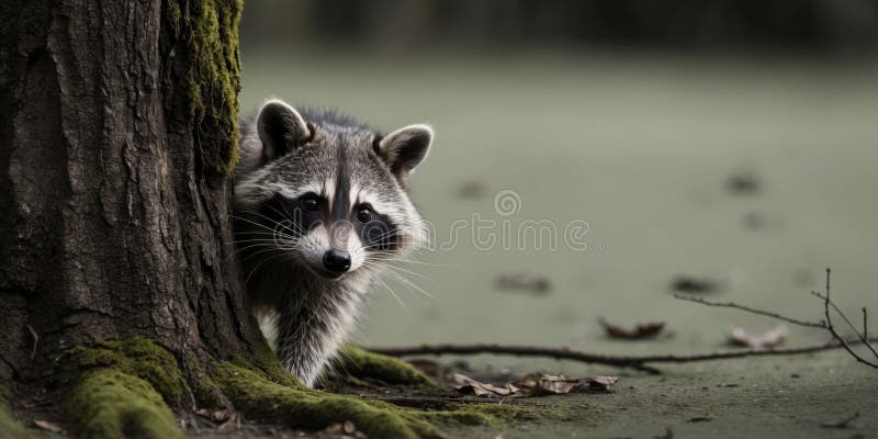 Curious Raccoon Peeking Out from Behind a Tree Stock Image - Image of ...