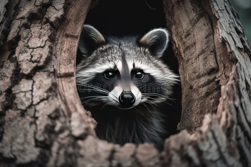 A Curious Raccoon Peeking Out of a Tree Hollow Generative AI Stock ...