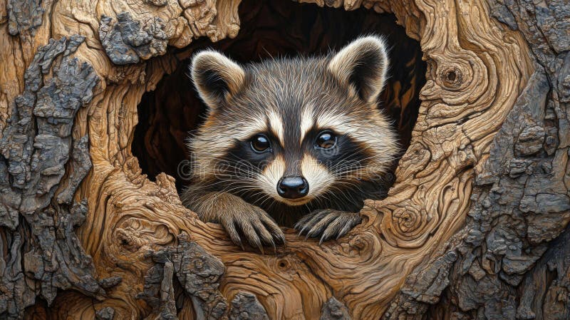 Curious Raccoon Peeking from Tree Hollow Stock Illustration ...