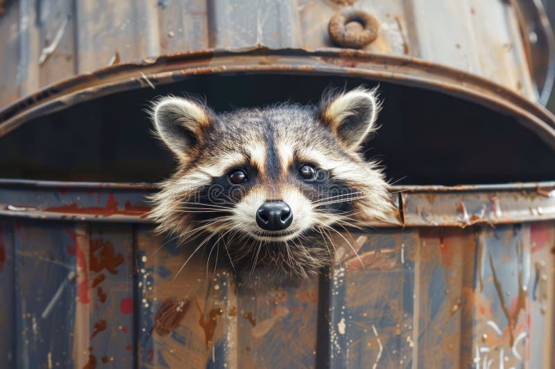 Curious Raccoon Peering Out of a Rusty Metal Garbage Bin Stock Photo ...