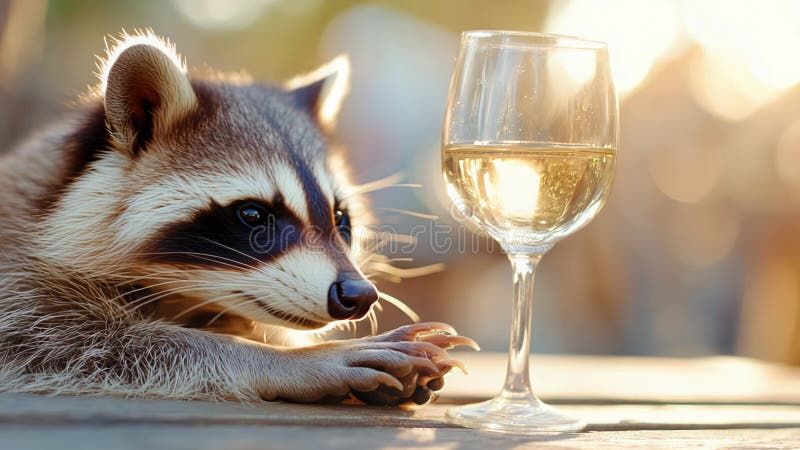 Curious Raccoon Relaxing with a Glass of White Wine at Sunset Stock ...