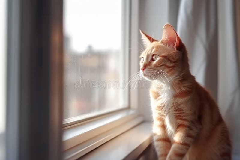 Curious Red Cat Sitting on the Window Sill Boring and Looking Out the ...