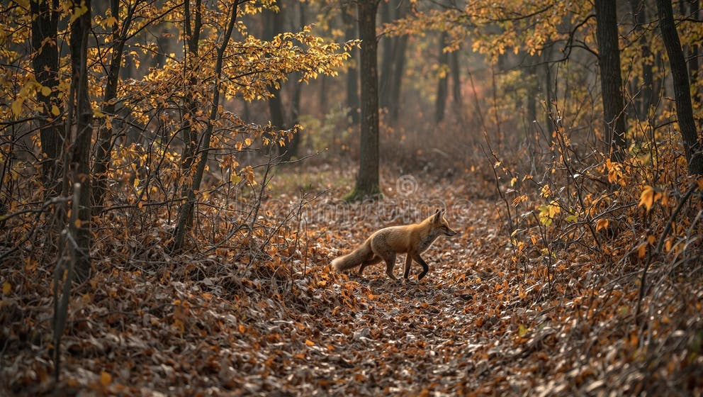 Curious Red Fox Exploring Fall Forest Sunlight Filtering through Trees ...