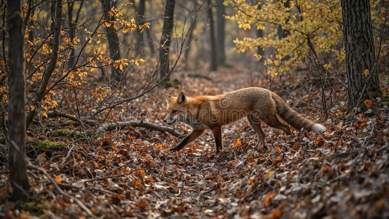 Curious Red Fox Exploring Fall Forest Sunlight Filtering through Trees ...