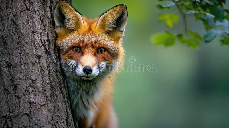 Curious Red Fox Hiding Behind a Tree in the Forest Stock Illustration ...