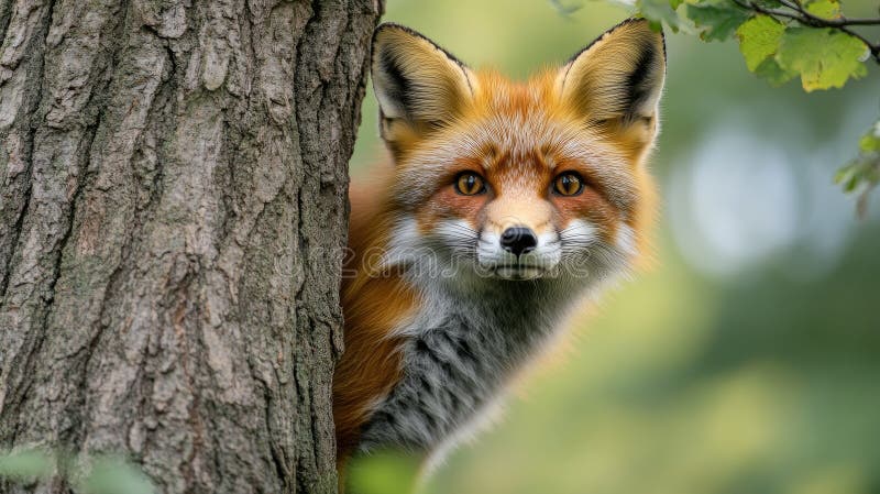Curious Red Fox Hiding Behind a Tree in the Forest Stock Illustration ...