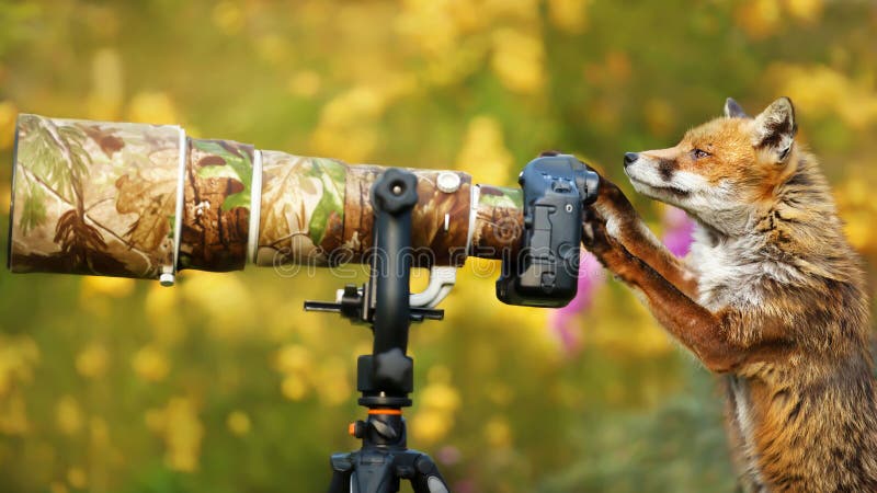 Curious Red Fox Inspects Camera Gear Left in the Garden Stock Photo ...