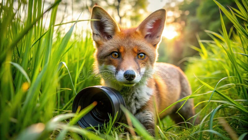 A Curious Red Fox Kit Encounters a Camera Lens in a Lush Meadow at ...