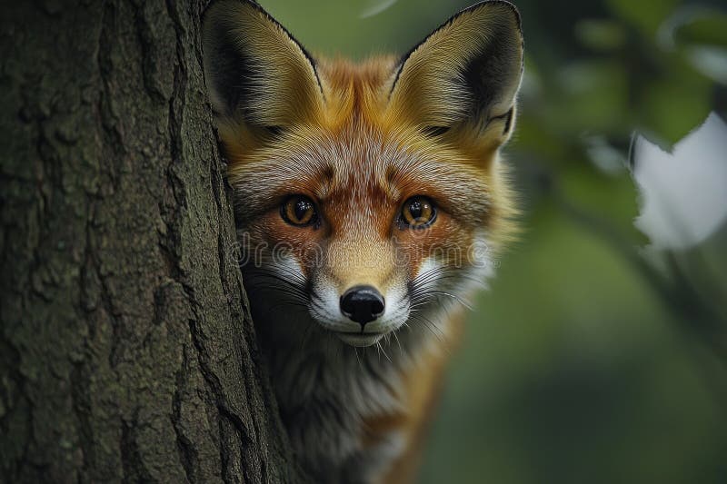 Curious Red Fox Peeking from Behind a Tree in Autumn Stock Illustration ...