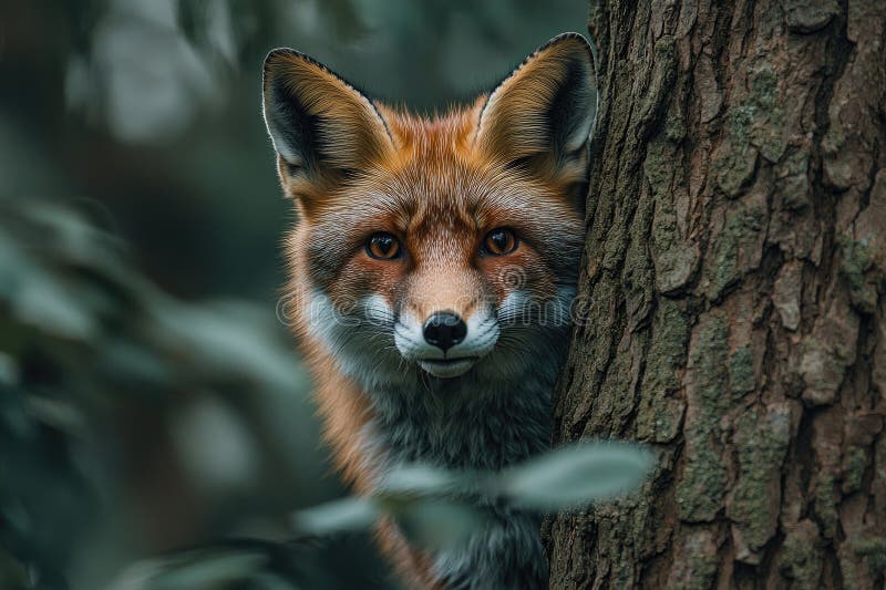Curious Red Fox Peeking from Behind a Tree in Autumn Stock Illustration ...