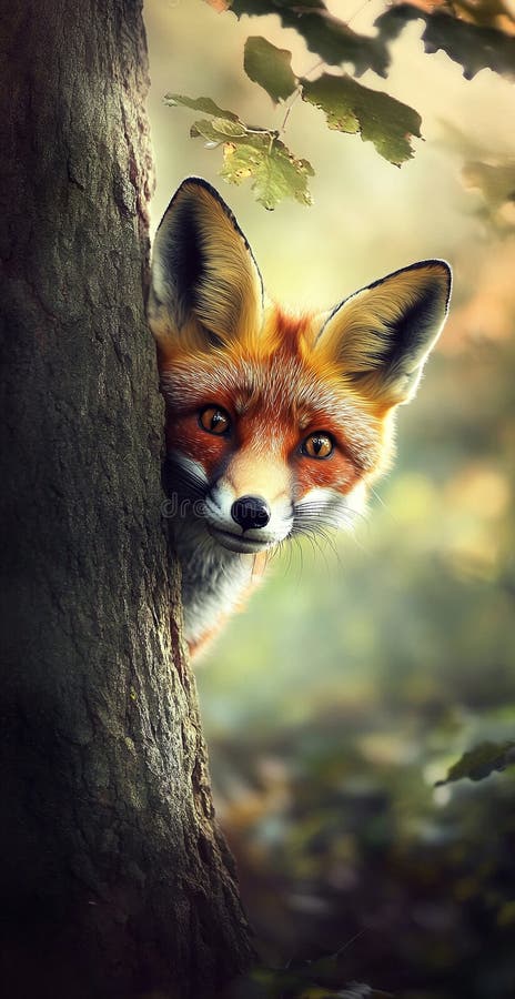 Curious Red Fox Peeking Behind Tree in Forest with Soft Blurred ...