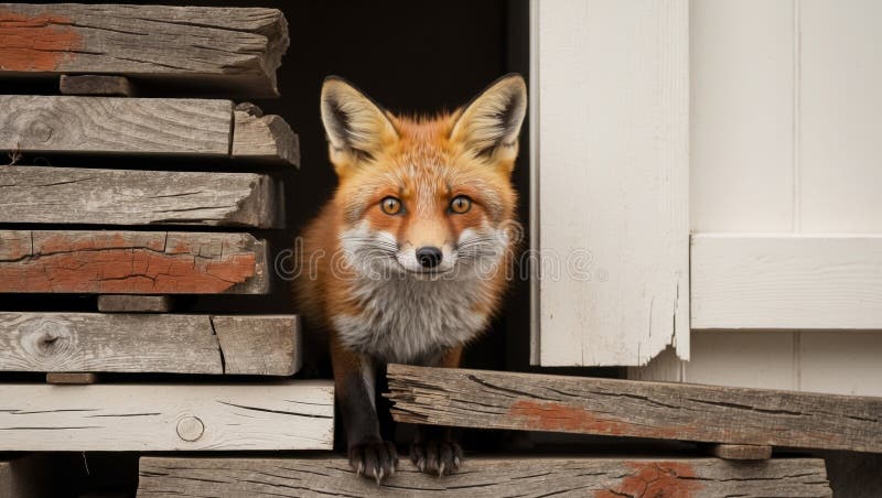 Curious Red Fox Peeking Out from Behind Wooden Planks. Stock Photo ...