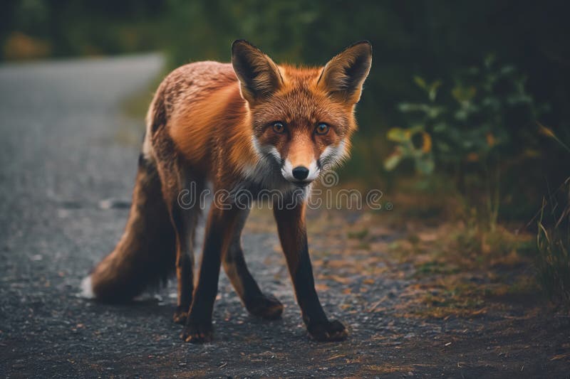 A Curious Red Fox Standing on a Road with a Greenery Backdrop. Stock ...