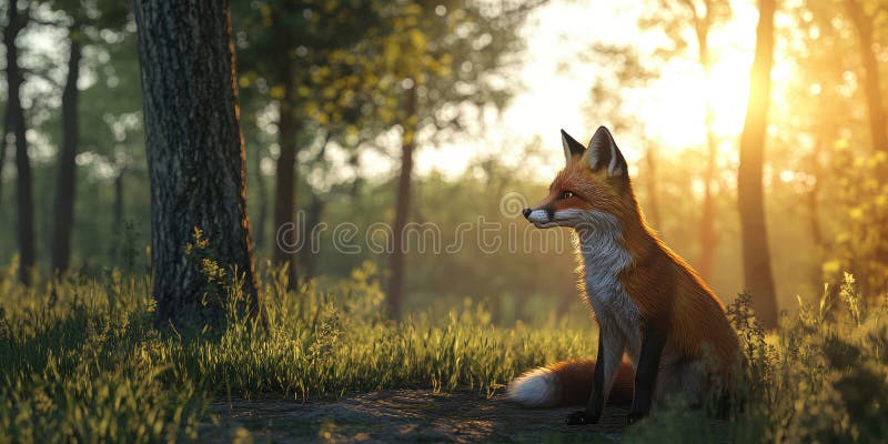 A Curious Red Fox Stands Alert on a Forest Path, Bathed in the Soft ...