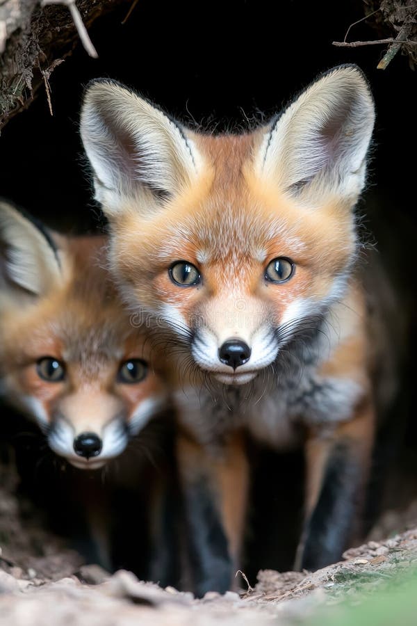Curious Red Foxes Peeking Out from Den Stock Illustration ...