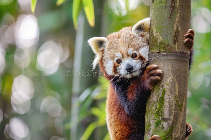 A Curious Red Panda Clings To a Tree, Looking at the Camera. Stock ...