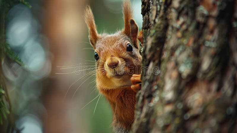 A Curious Red Squirrel Peeking from Behind a Tree Stock Illustration ...