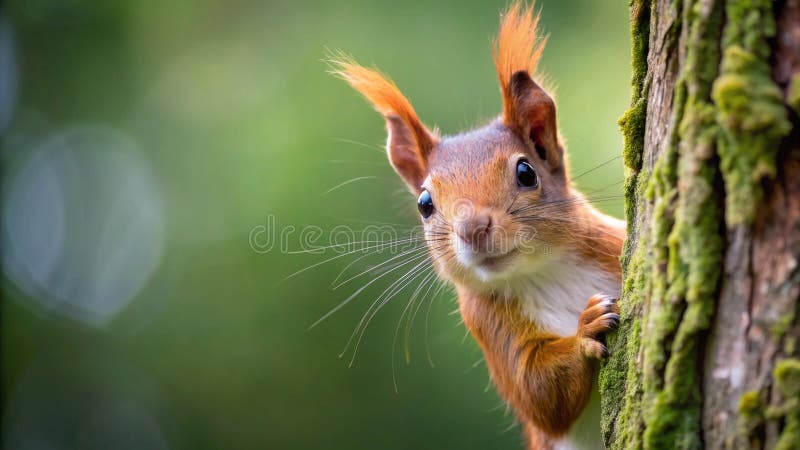 Curious Red Squirrel Peeking Behind the Tree Trunk AI-Generated Content ...