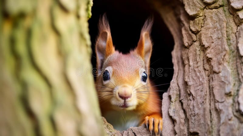 Curious Red Squirrel Peeking Behind the Tree Trunk. Ai Generative Stock ...