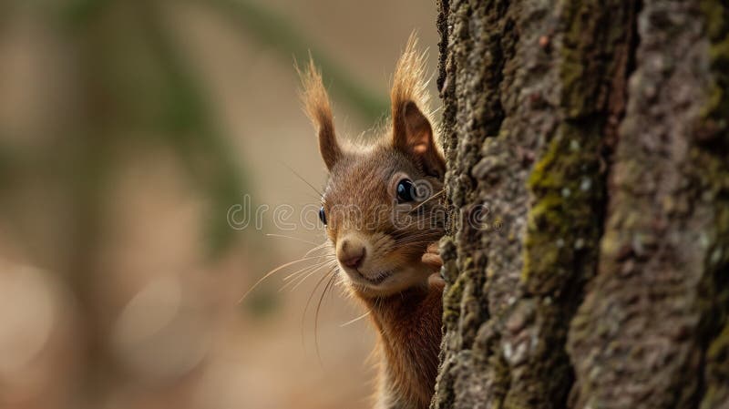 Curious Red Squirrel Peeking Behind the Tree Trunk. AI Generative Stock ...