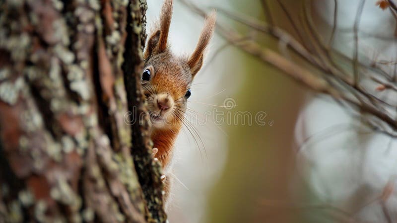 Curious Red Squirrel Peeking Behind the Tree Trunk. AI Generative Stock ...