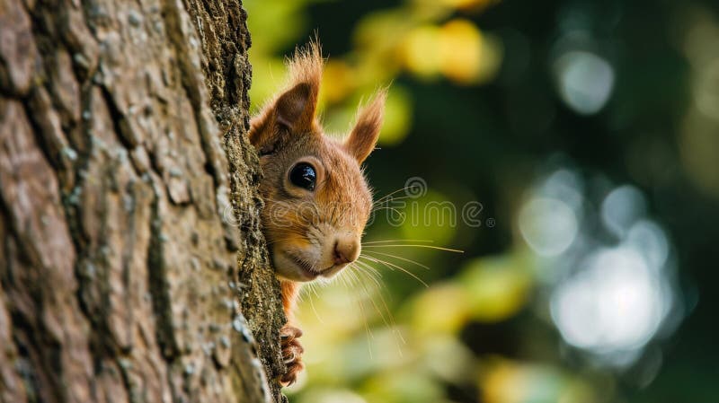 Curious Red Squirrel Peeking Behind the Tree Trunk. AI Generative Stock ...