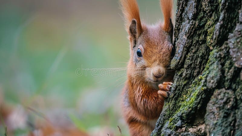 Curious Red Squirrel Peeking Behind the Tree Trunk. AI Generative Stock ...