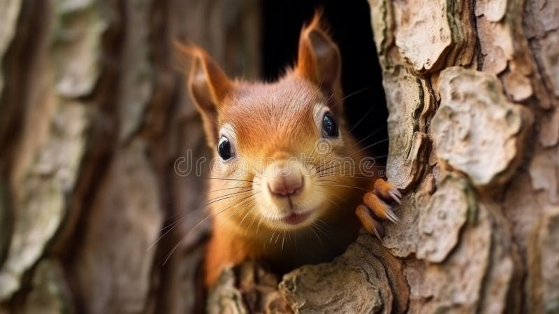 Curious Red Squirrel Peeking Behind the Tree Trunk. Generative Ai Stock ...