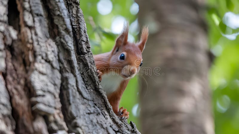 Curious Red Squirrel Peeking Behind the Tree Trunk Stock Image - Image ...