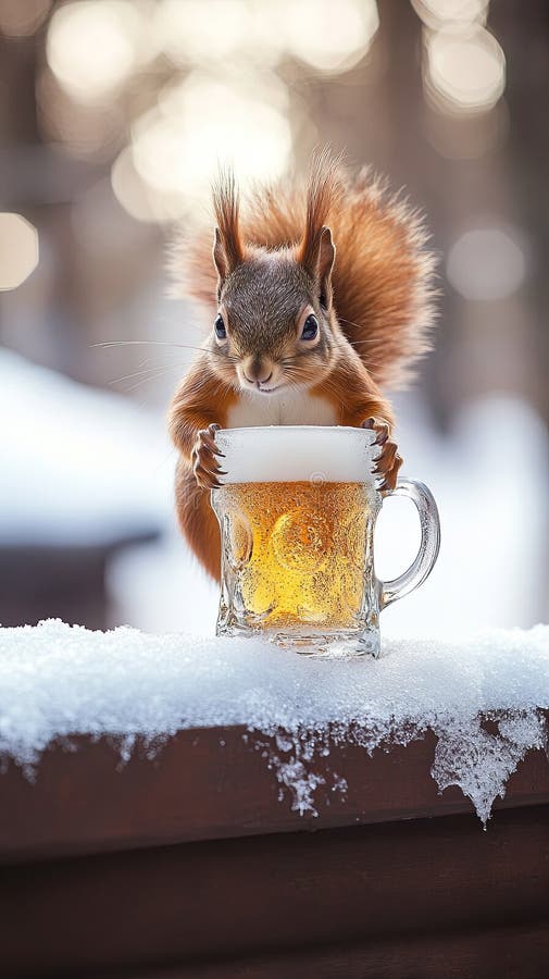 A Curious Red Squirrel Perched beside a Frosty Beer Glass. Pic Stock ...