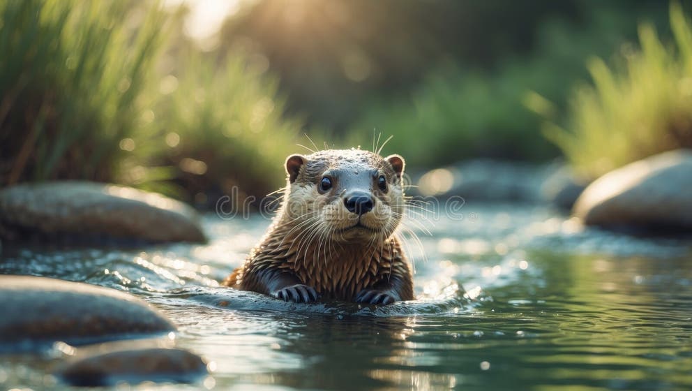 Curious River Otter in a Clear Stream on a Sunny Day Stock Image ...