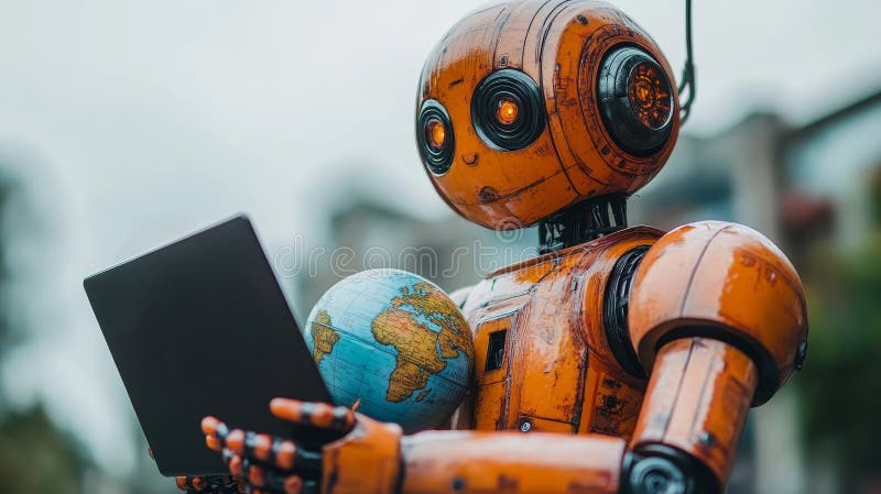 Curious Robot with Laptop and Globe Exploring Technology, Innovation, and Global Connectivity ...