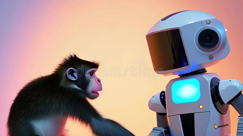 A Curious Robot and a Monkey Interacting in a Scene that Showcases the ...
