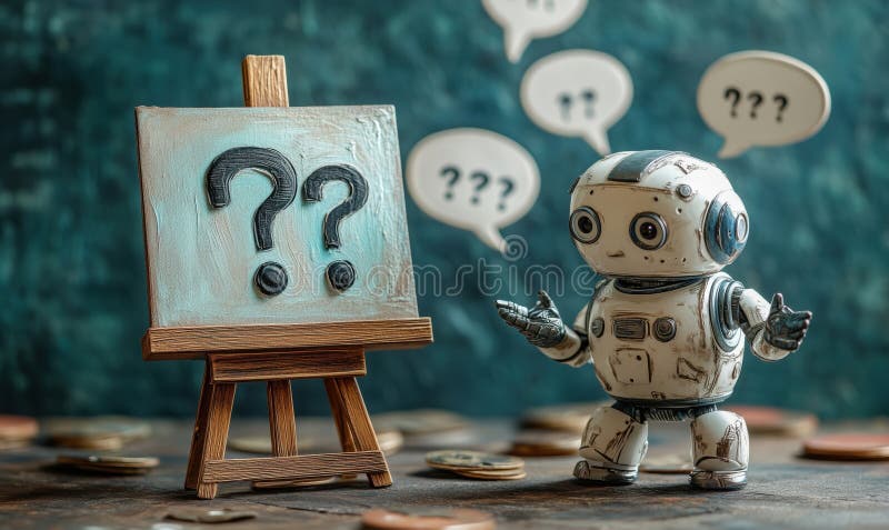 Curious Robot with Question Marks on Canvas Exploring Concepts of ...