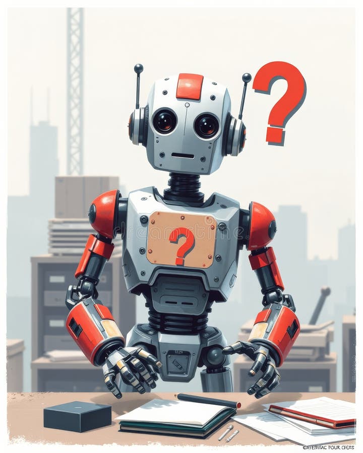 A Curious Robot Sits at a Desk, Pondering a Question Mark. is it ...