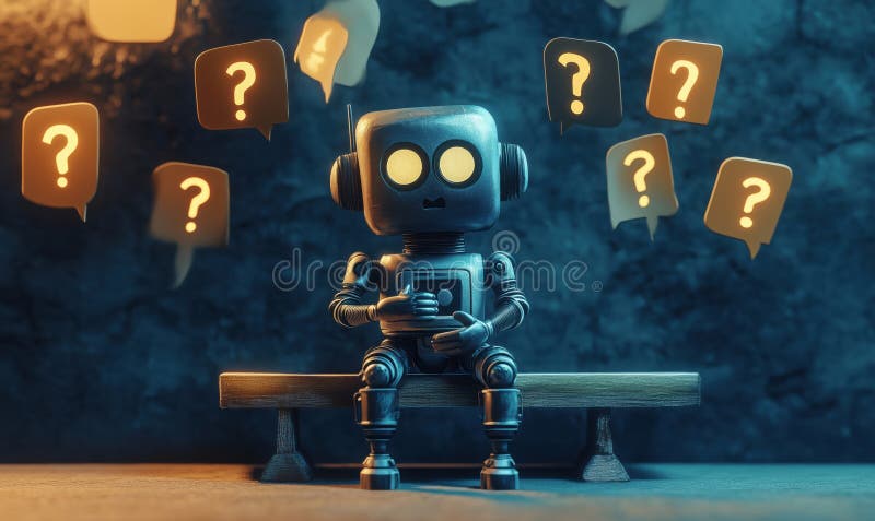 Curious Robot Sitting on Bench Surrounded by Question Marks in a Dimly ...