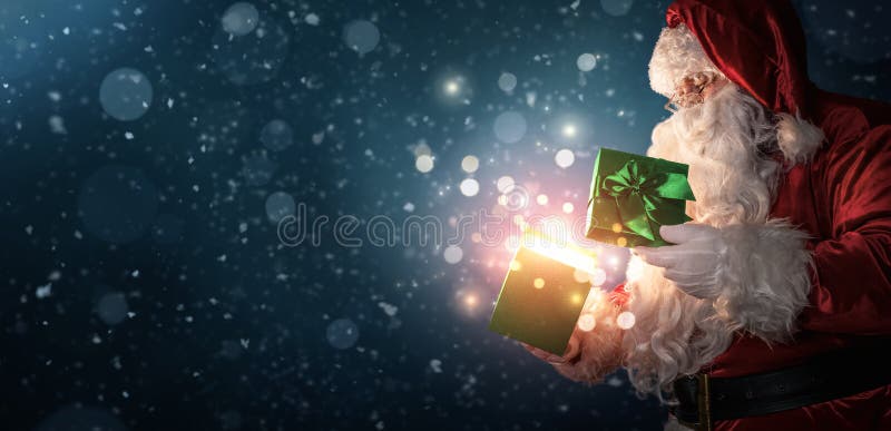 Curious Santa Claus Opening Magic Gift Box Stock Image - Image of merry ...