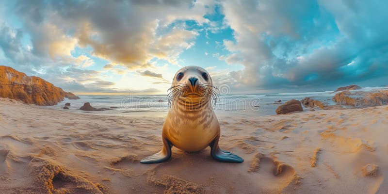 Curious Seal on Sandy Beach at Sunset with Dramatic Clouds and Ocean ...