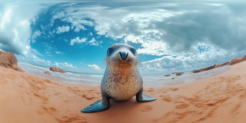 Curious Seal on Sandy Beach Under Dramatic Sky with Clouds and Ocean ...
