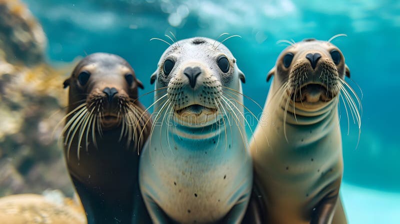 Curious Seals Grouping Together in Underwater Environment, Close Up ...
