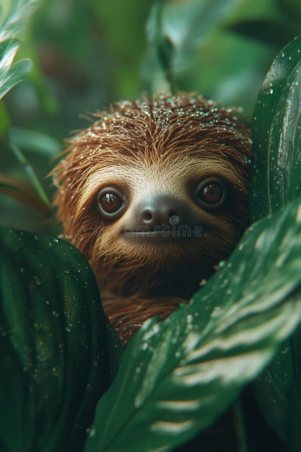A Curious Sloth Peeks Out from Behind Large Green Leaves in a Tropical ...