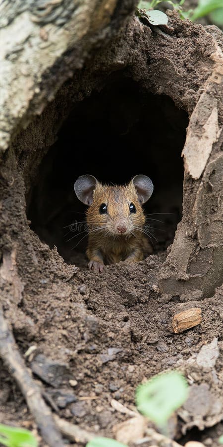 Curious Small Brown Mouse Hiding in Root System Burrow Seeking Refuge ...