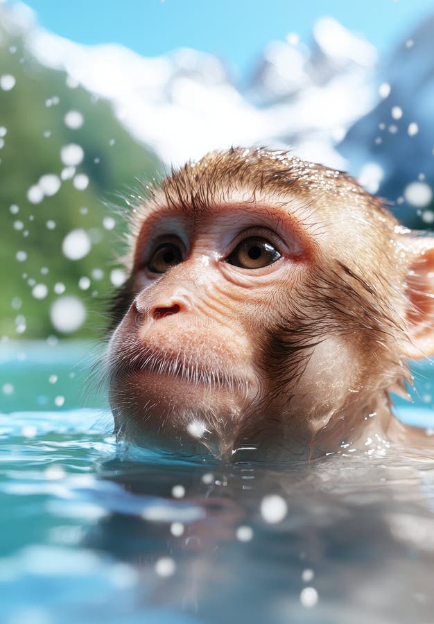 Curious Snow Monkey in Hot Spring Stock Illustration - Illustration of ...